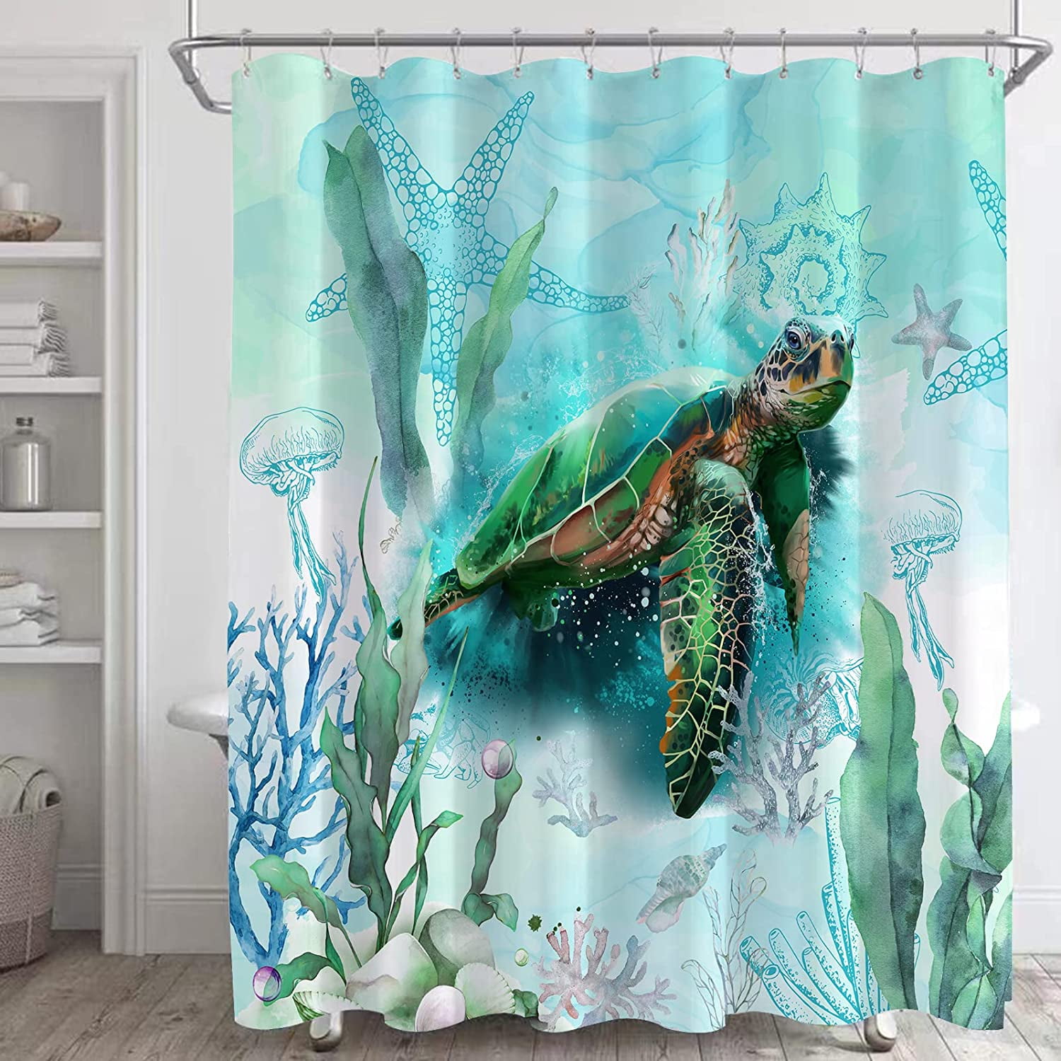 Sea Turtle Shower Curtain Sets,Starfish Seashell Coral Beach Bathroom ...