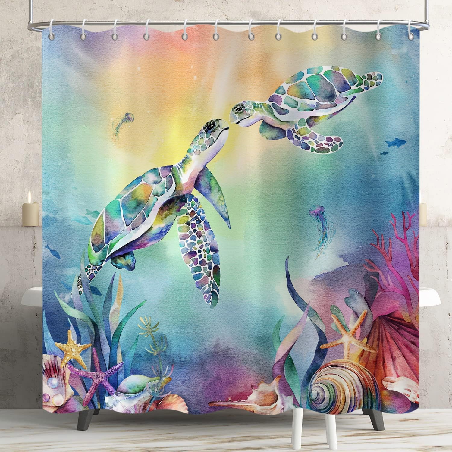 Sea Turtle Shower Curtain, Teal Blue Sea Turtle Jellyfish Underwater ...