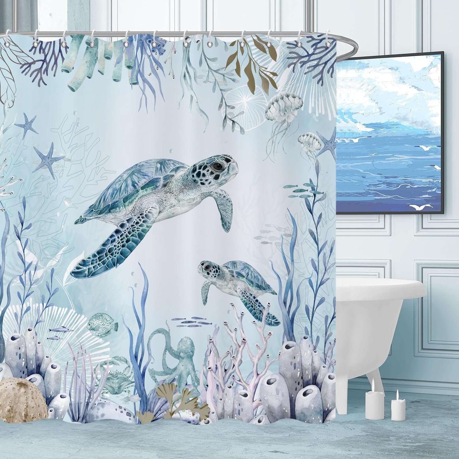 Sea Turtle Shower Curtain, Teal Blue Ocean Beach Coastal Turtle ...