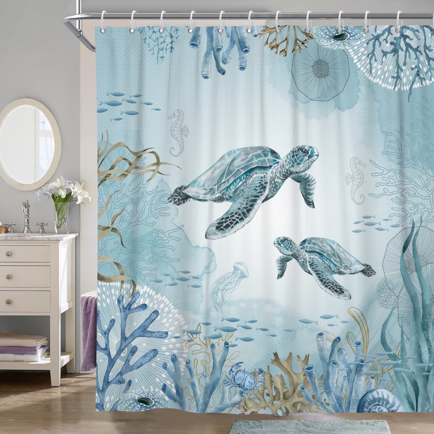 Sea Turtle Shower Curtain Teal Blue Ocean Beach Coastal Waterproof ...