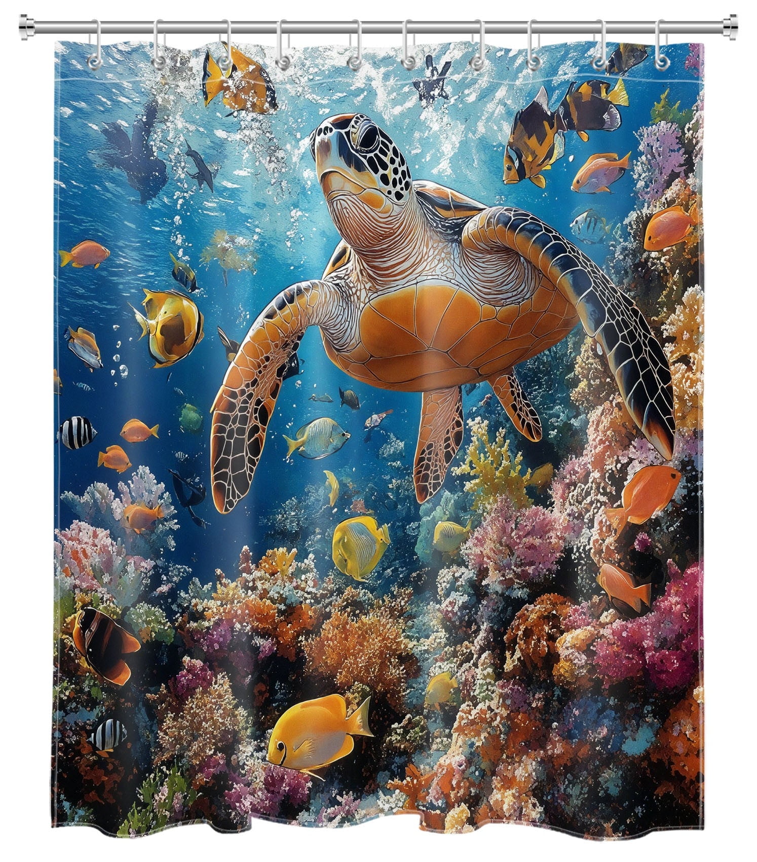 Sea Turtle Shower Curtain Teal Blue Ocean Colorful Tropical Fish Coral ...