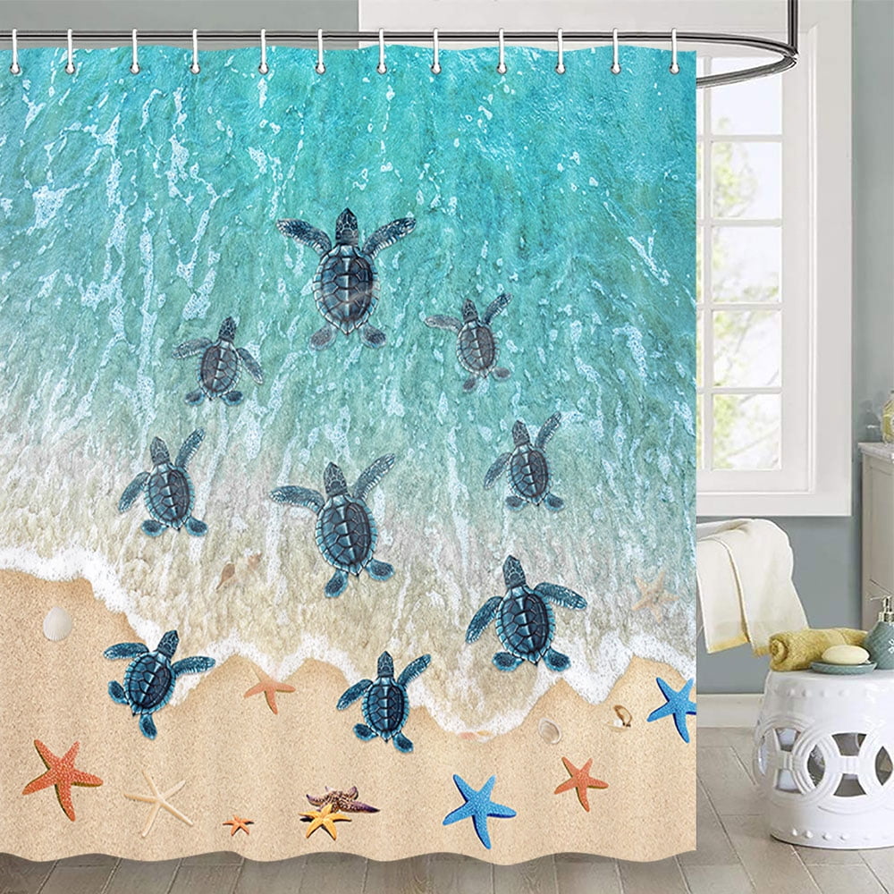Sea Turtle Shower Curtain Teal Blue Ocean Waterproof Fabric Shower ...