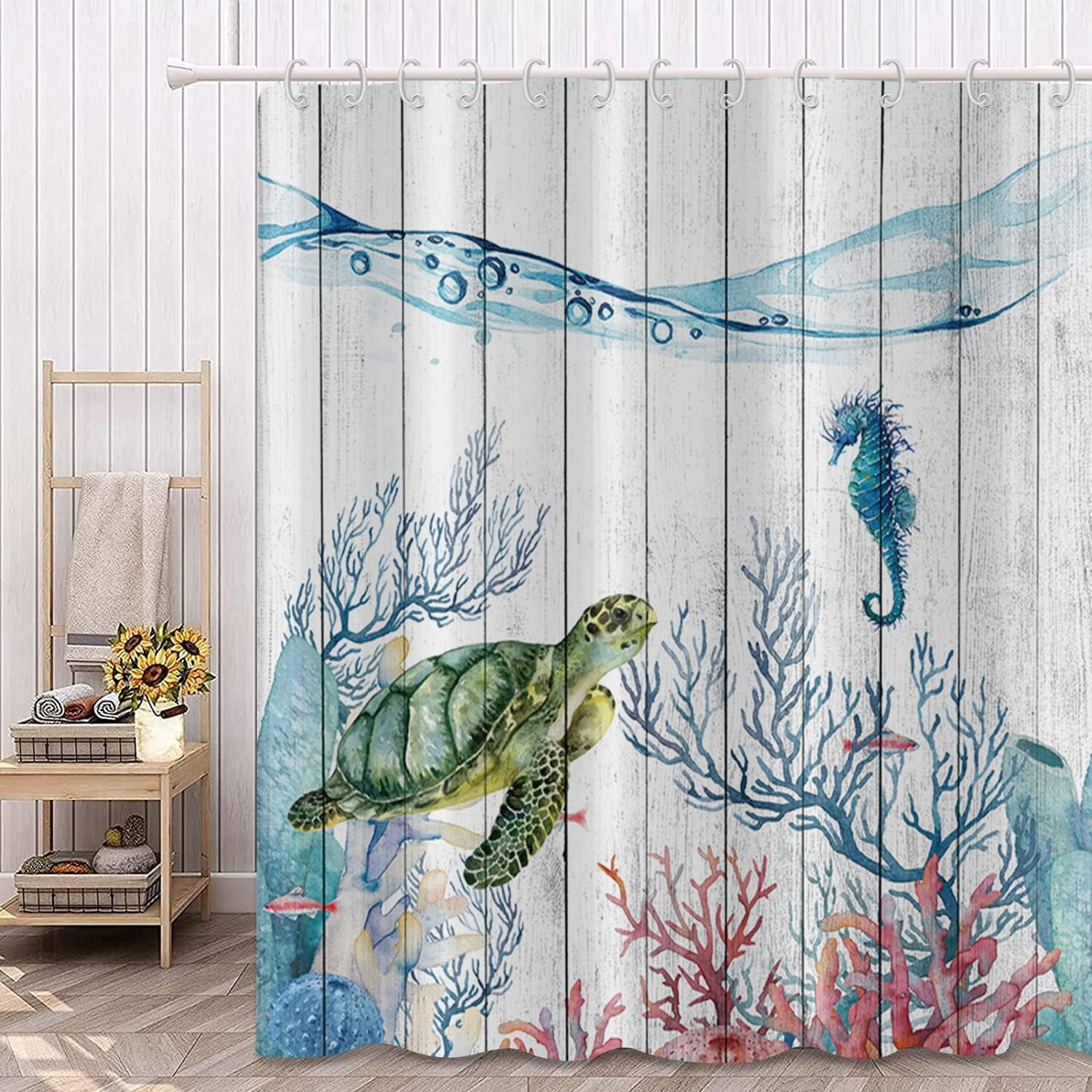 Sea Turtle Shower Curtain, Underwater Blue Ocean Landscape Tropical ...