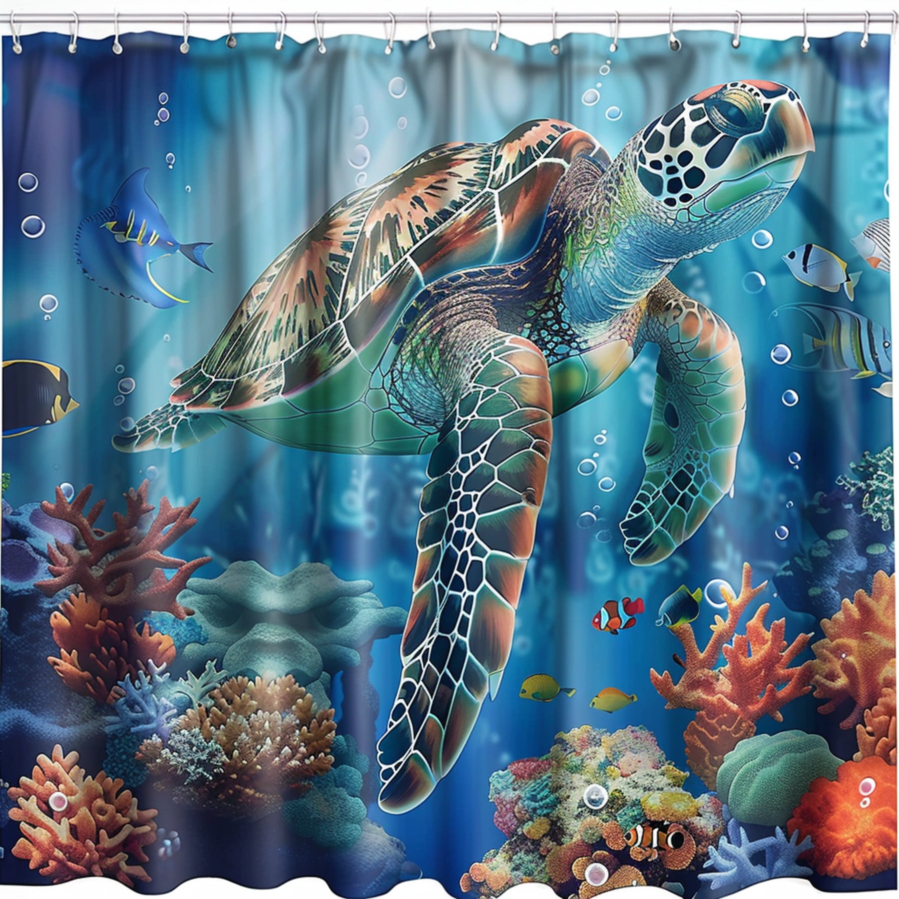 Sea Turtle Shower Curtain Underwater Coral Reef Scene For Bathroom