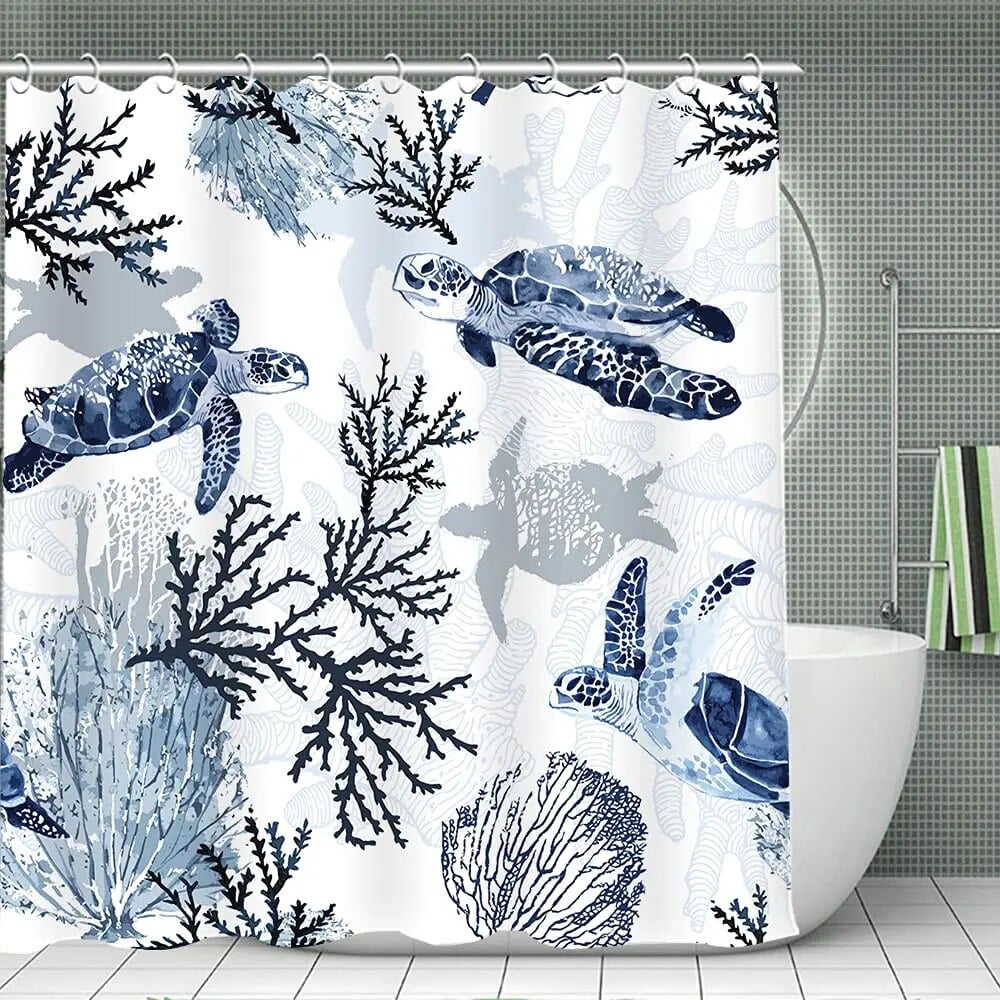 Sea Turtle Shower Curtain Underwater Ocean Fishes Coral Reef Marine ...
