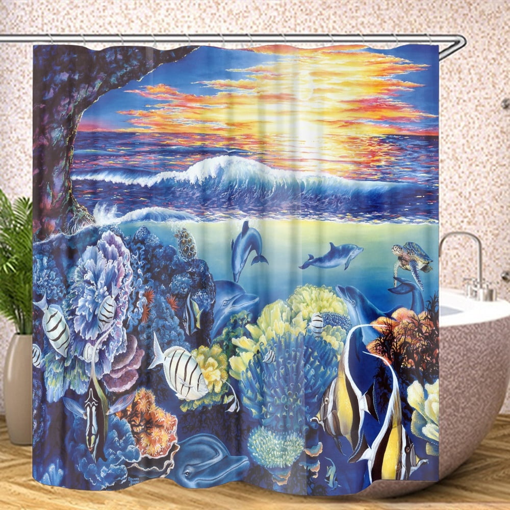 Sea Turtle Shower Curtain Underwater Seaweed Seashell Shower Curtain