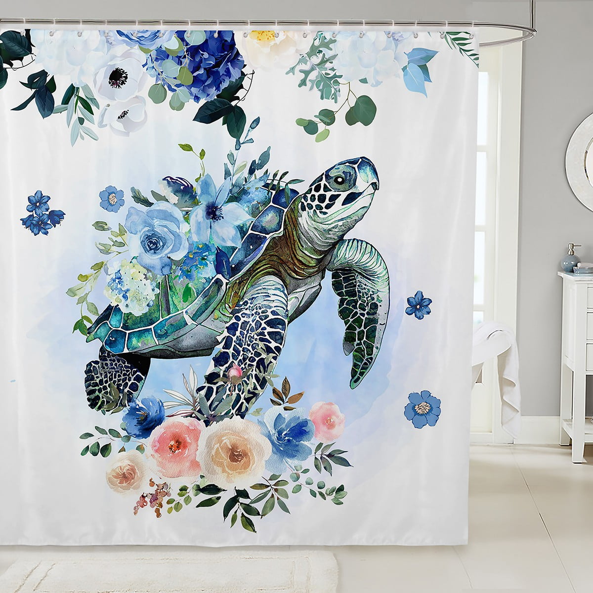 Sea Turtle Shower Curtain Boho Floral Bath Curtain,Cute Nautical Sea ...