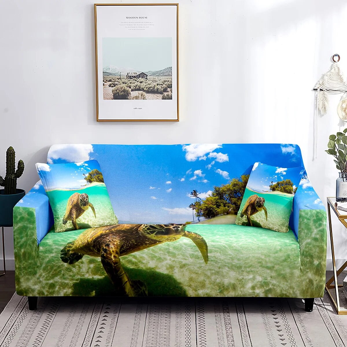 Sea Turtle Sofa Cover Ocean Animals Fishes Couch Cover Color Coral ...