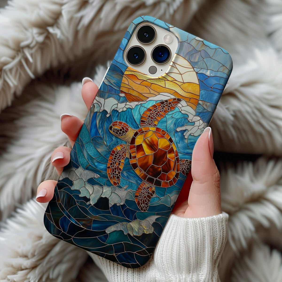 Sea Turtle Stained Glass Ocean Waves Phone Case with iPhone 17 to 11 ...