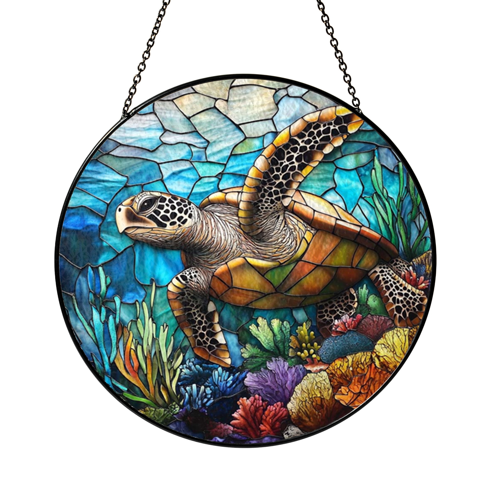 Sea Turtle Stained Glass Style Suncatcher – Coral Reef Circular Window ...