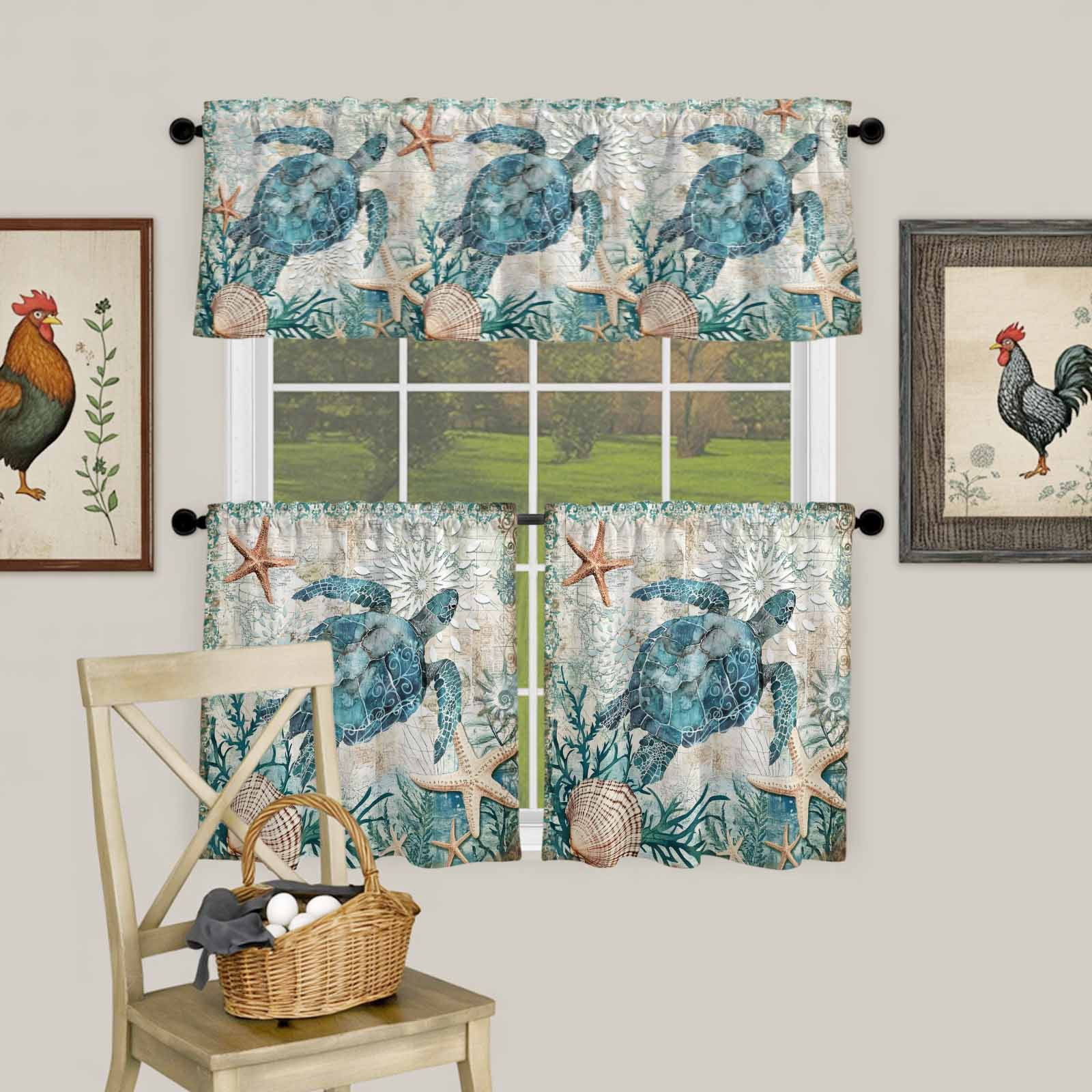 Sea Turtle Starfish Shell Coral Curtain Tier and Valance Set 3 Piece ...