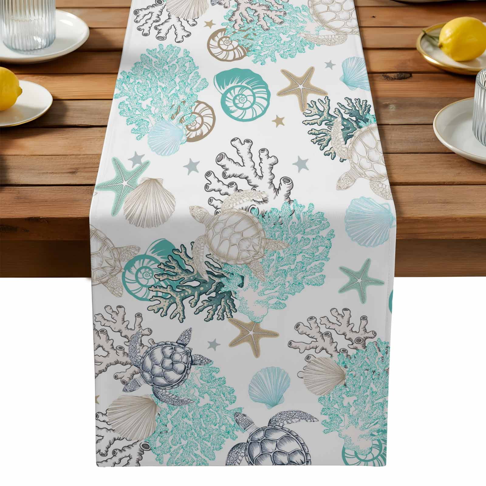 Sea Turtle Starfish Shell Coral Table Runners 13x70 Inches Long Linen ...