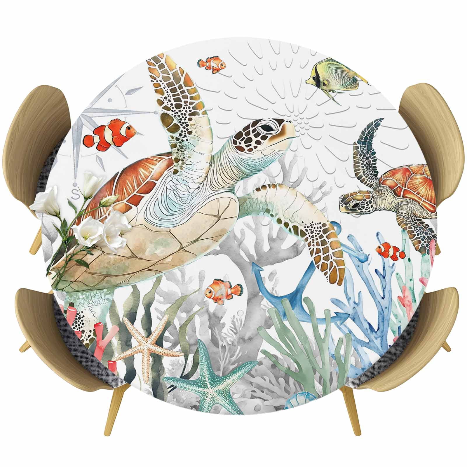 Sea Turtle Summer Marine Life Round Fitted Tablecloth with Elastic Edge ...