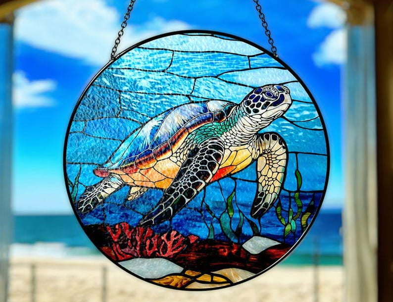 Sea Turtle Suncatcher, Faux Stained Glass Ocean Decor, Marine Life ...
