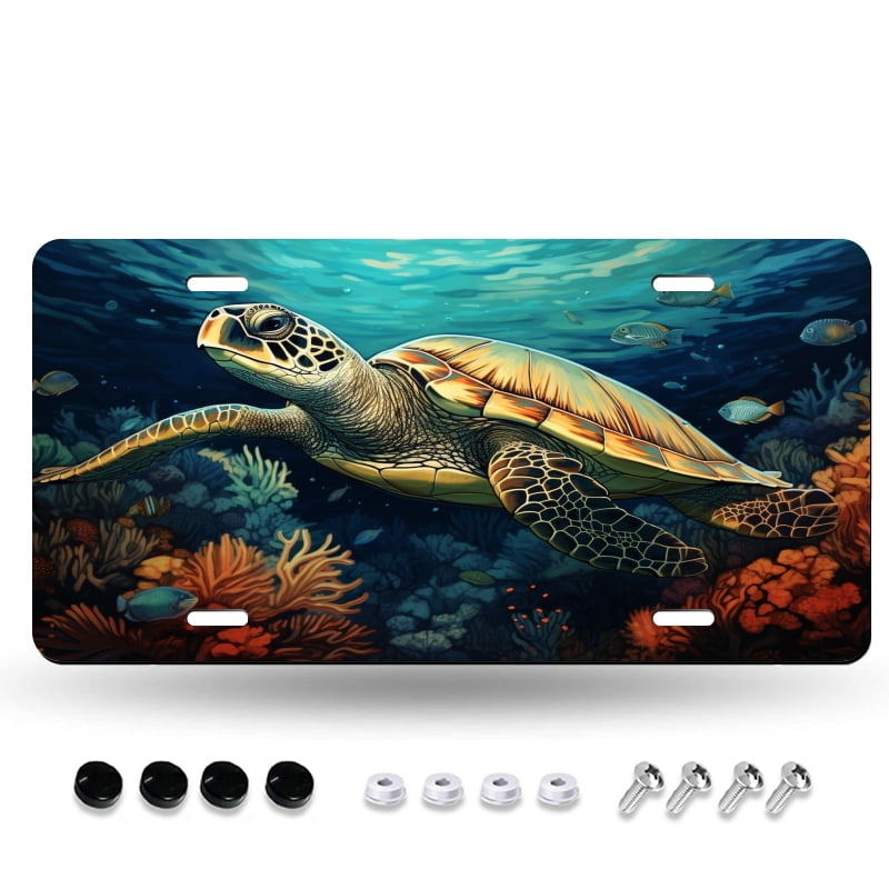 Sea Turtle Swimming Amidst Corals and Fish in The Ocean License Plate ...
