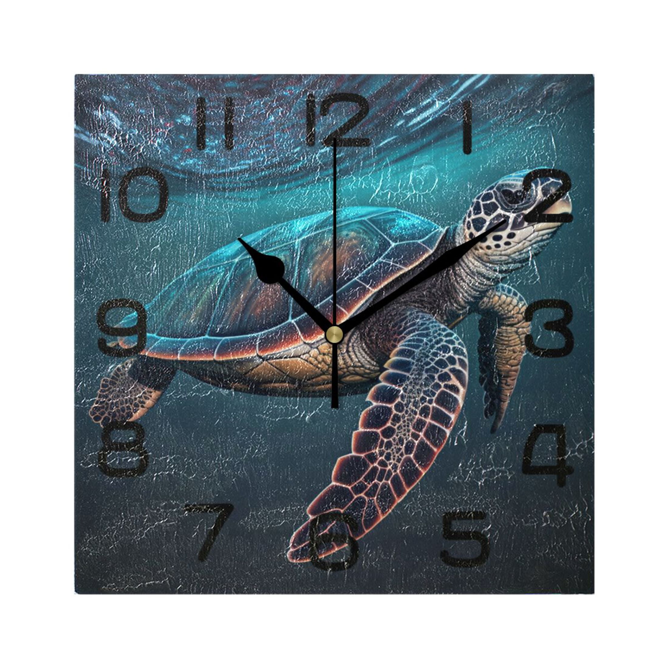 Sea Turtle Swimming Wall Clock Square Silent Non-Ticking Battery ...