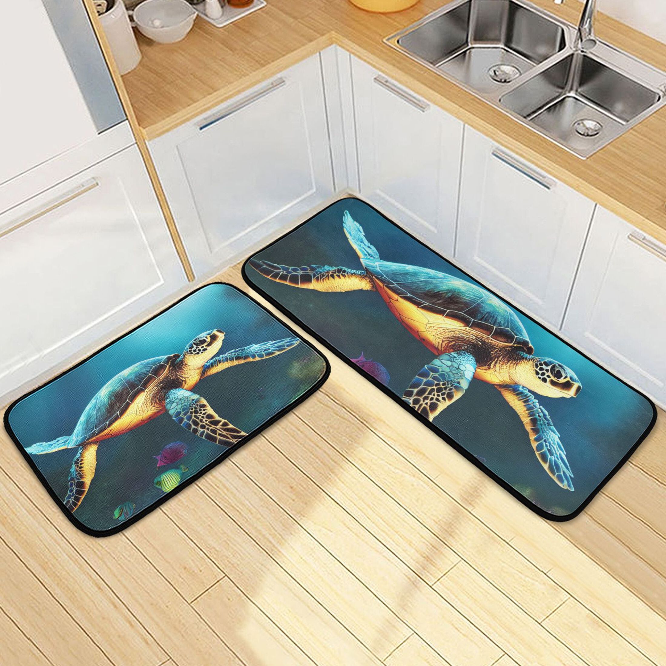 Sea Turtle Swimming in Sea Kitchen Rugs Set of 2 Non Slip Floor Foam ...