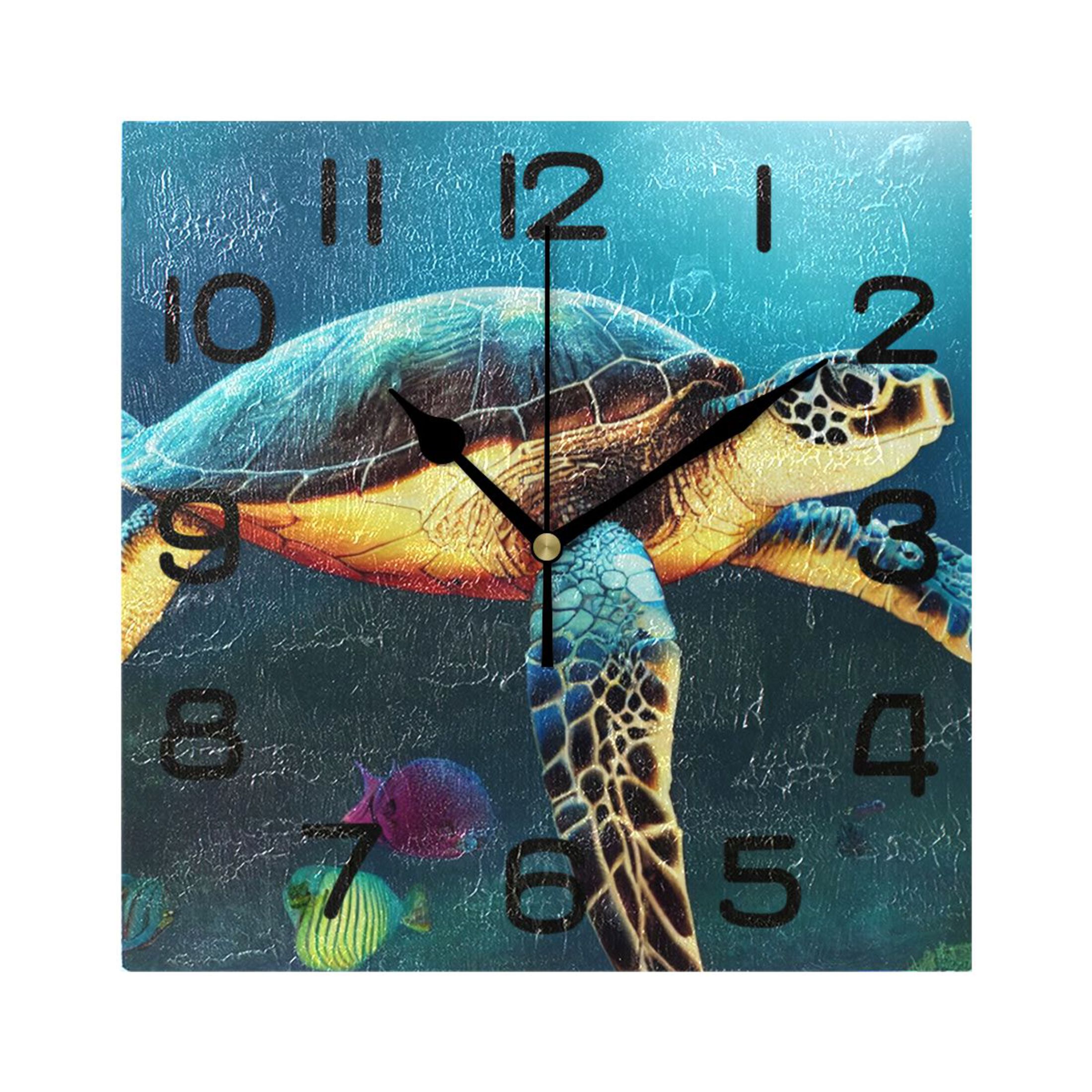Sea Turtle Swimming in Sea Wall Clock Square Silent Non-Ticking Battery ...