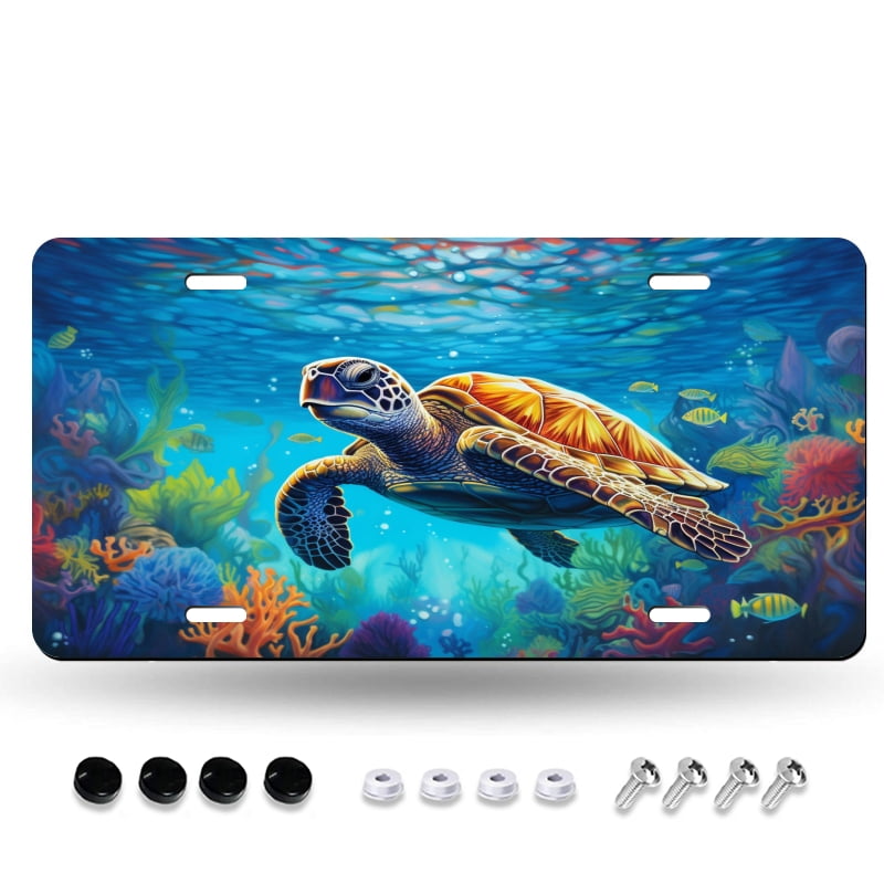 Sea Turtle Swimming in a Colorful Coral Reef License Plate Frame ...