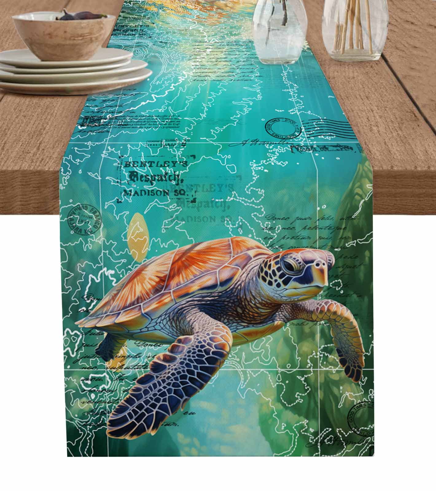 Sea Turtle Table Runner Coastal Nautical Ocean Summer Beach ...