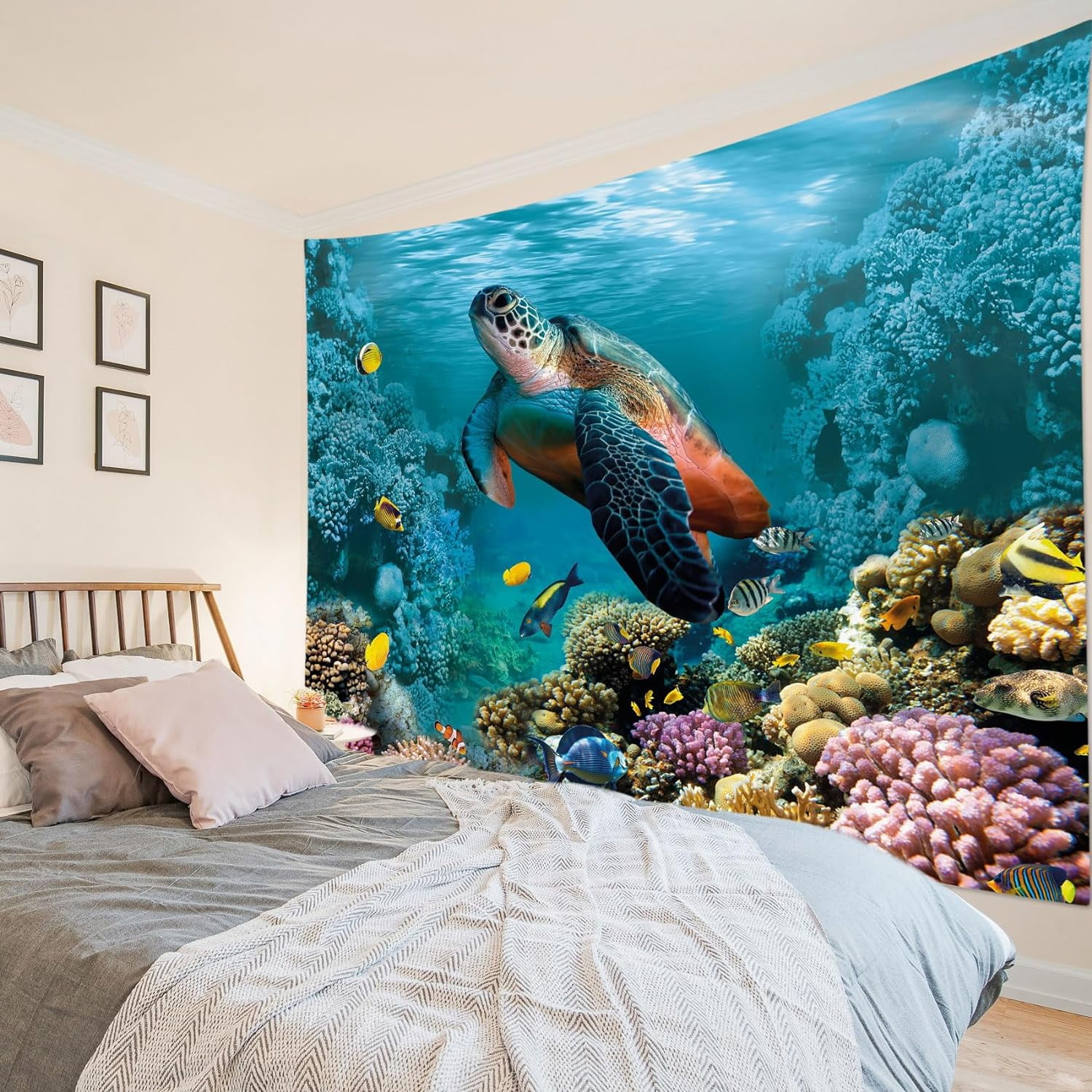 Sea Turtle Tapestry Wall Hanging Tropical Fish and Coral in Underwater ...