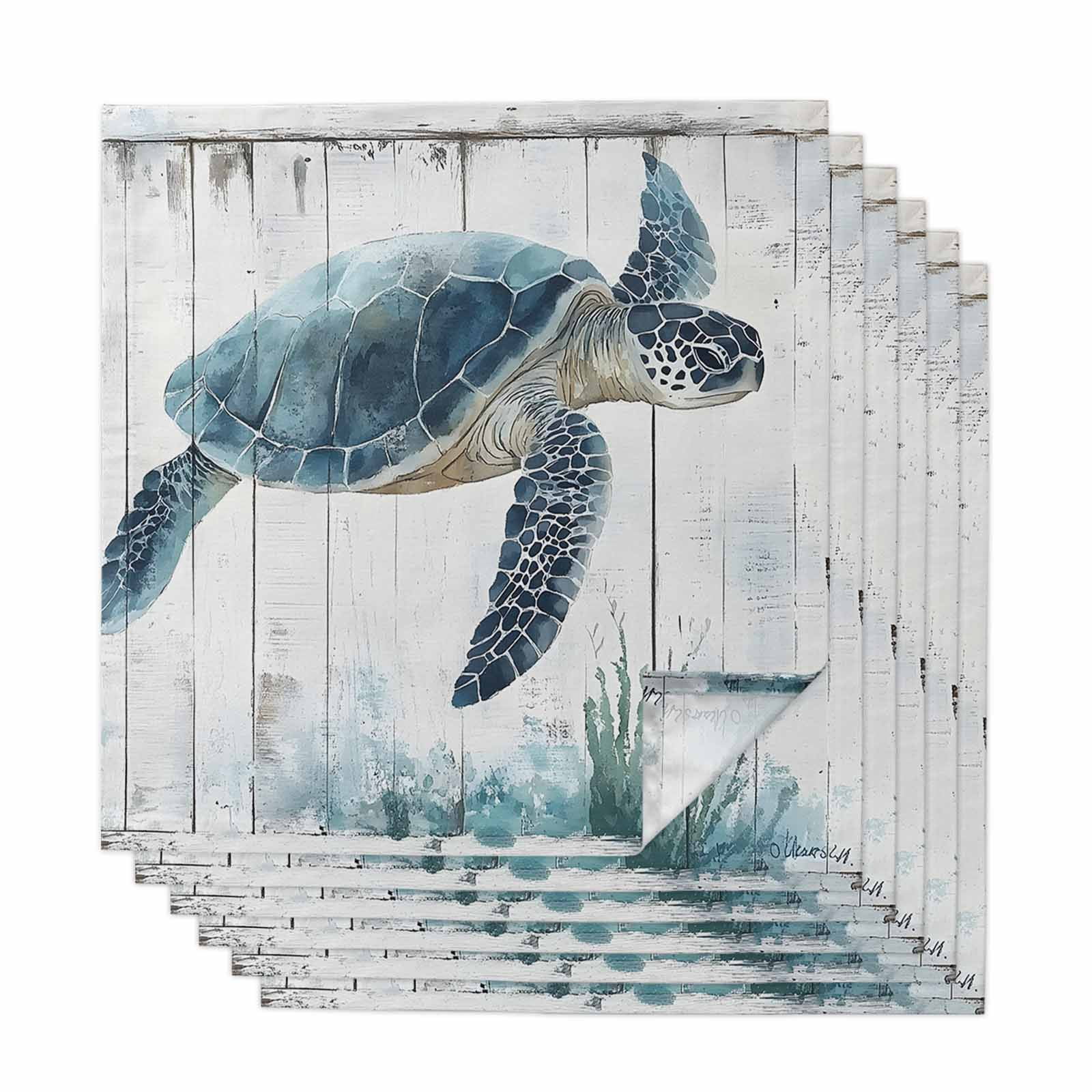 Sea Turtle Teal Blue Cloth Napkins, Summer Coastal Ocean Wood Grain ...