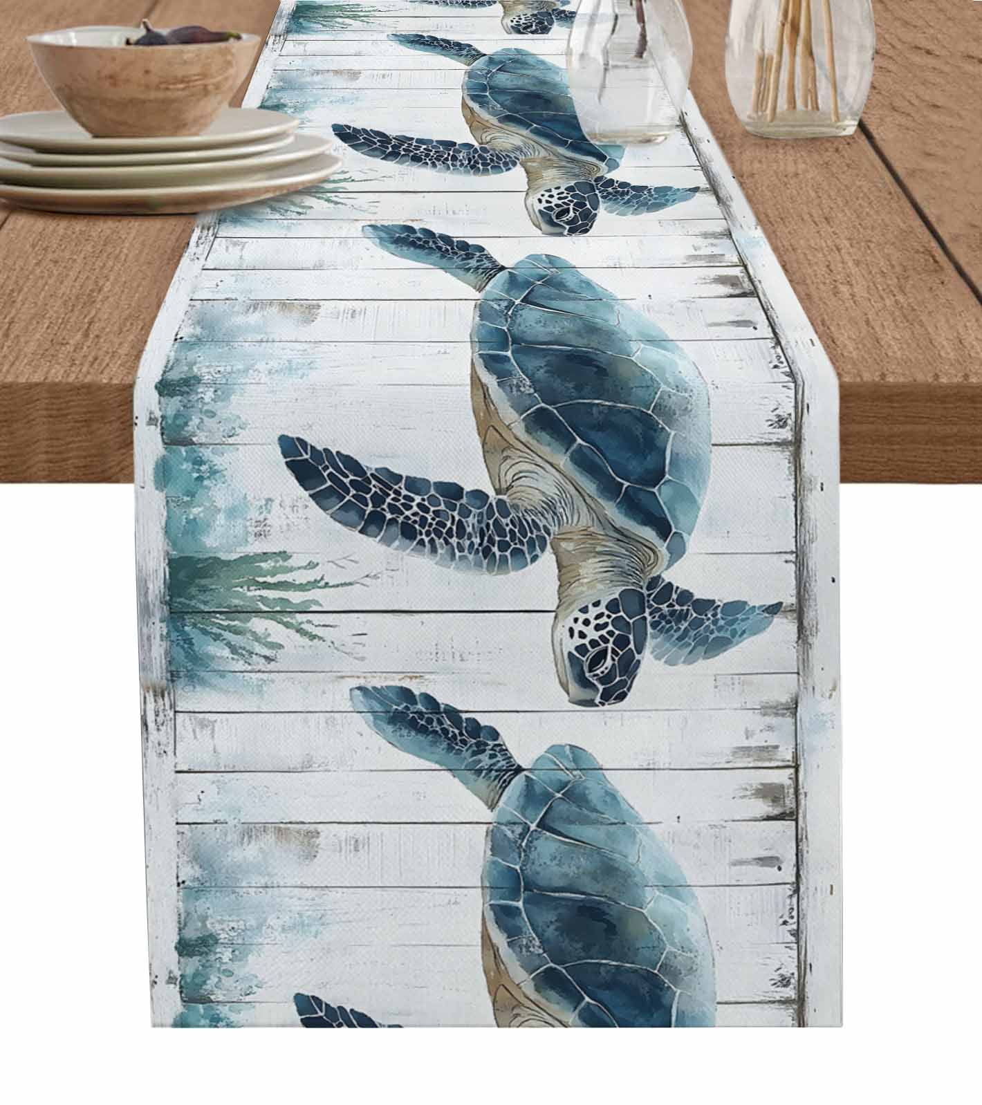 Sea Turtle Teal Blue Table Runner 36 Inches, Summer Coastal Ocean Wood ...