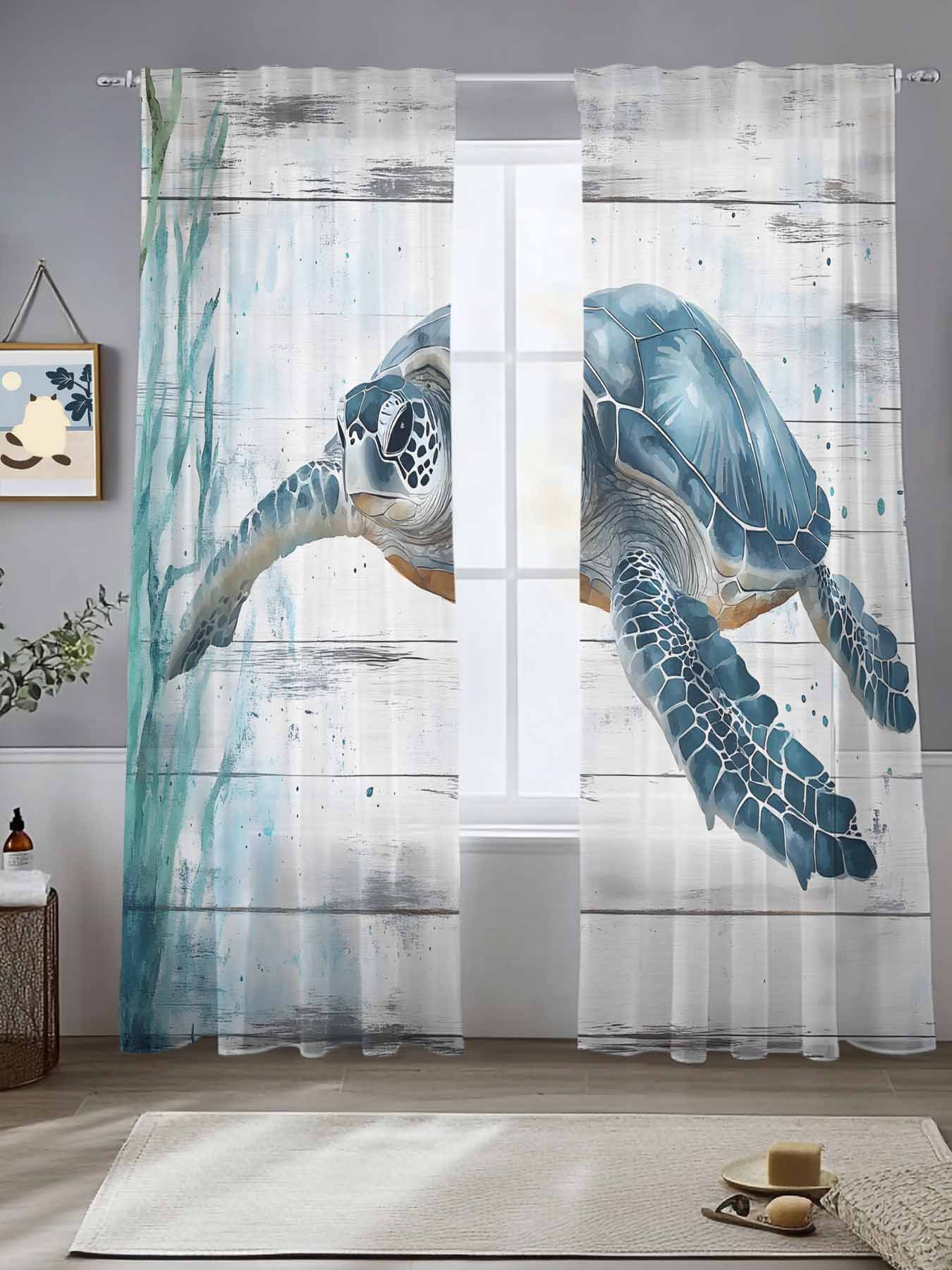Sea Turtle Teal Green Sheer Curtains for Living Room Bedroom Coastal ...