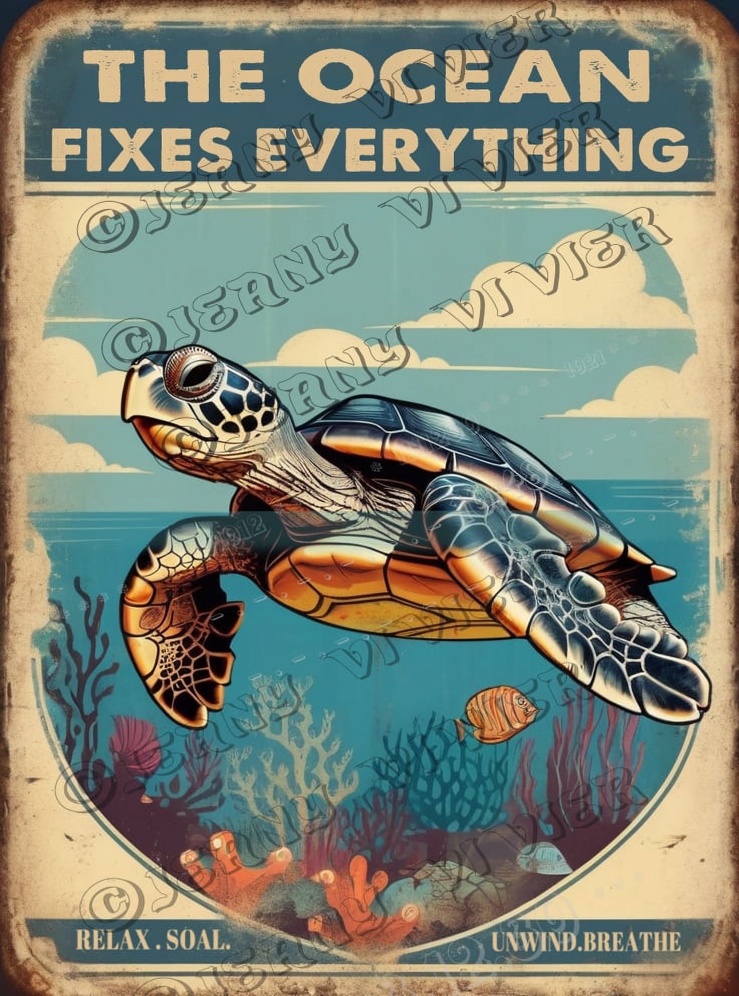 Sea Turtle The Ocean Fixes Everything Vintage Aluminum Sign 5.5x8 IN ...
