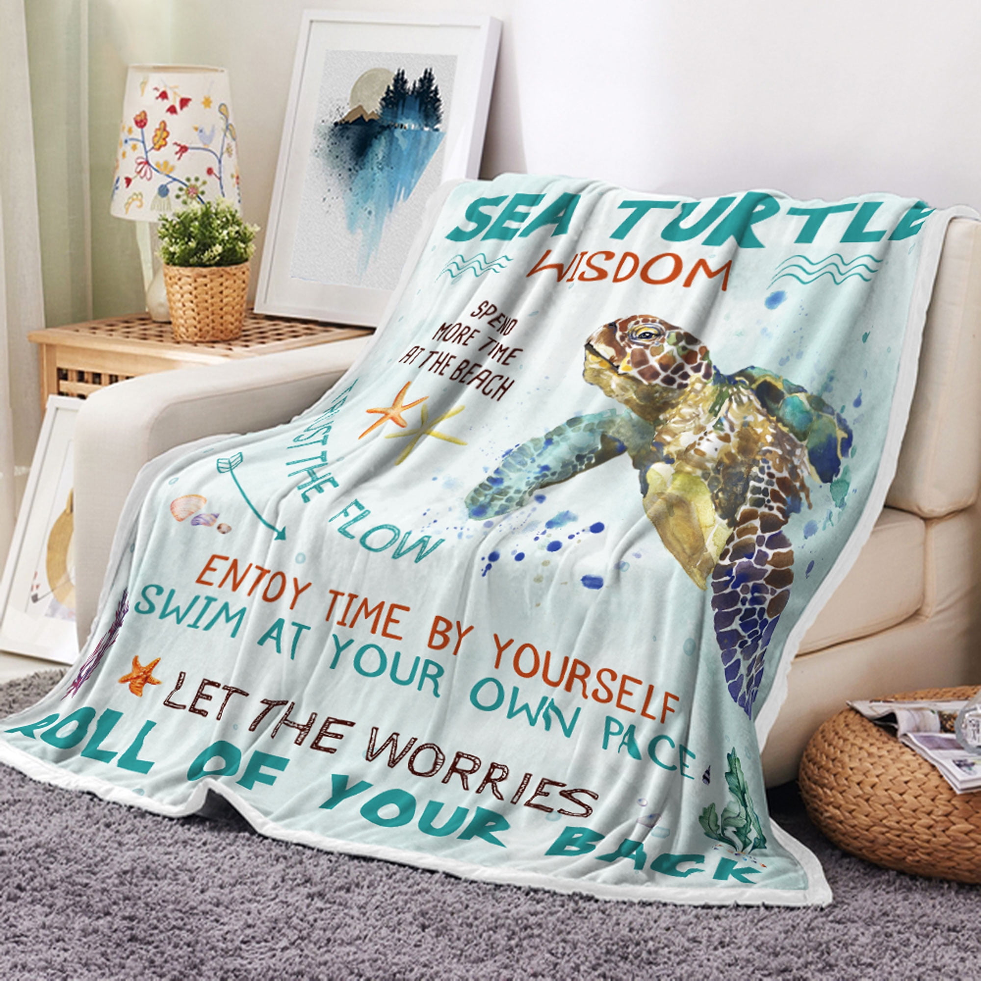Sea Turtle Throw Blanket，Summer Blue Ocean animal Fleece Blanket ...