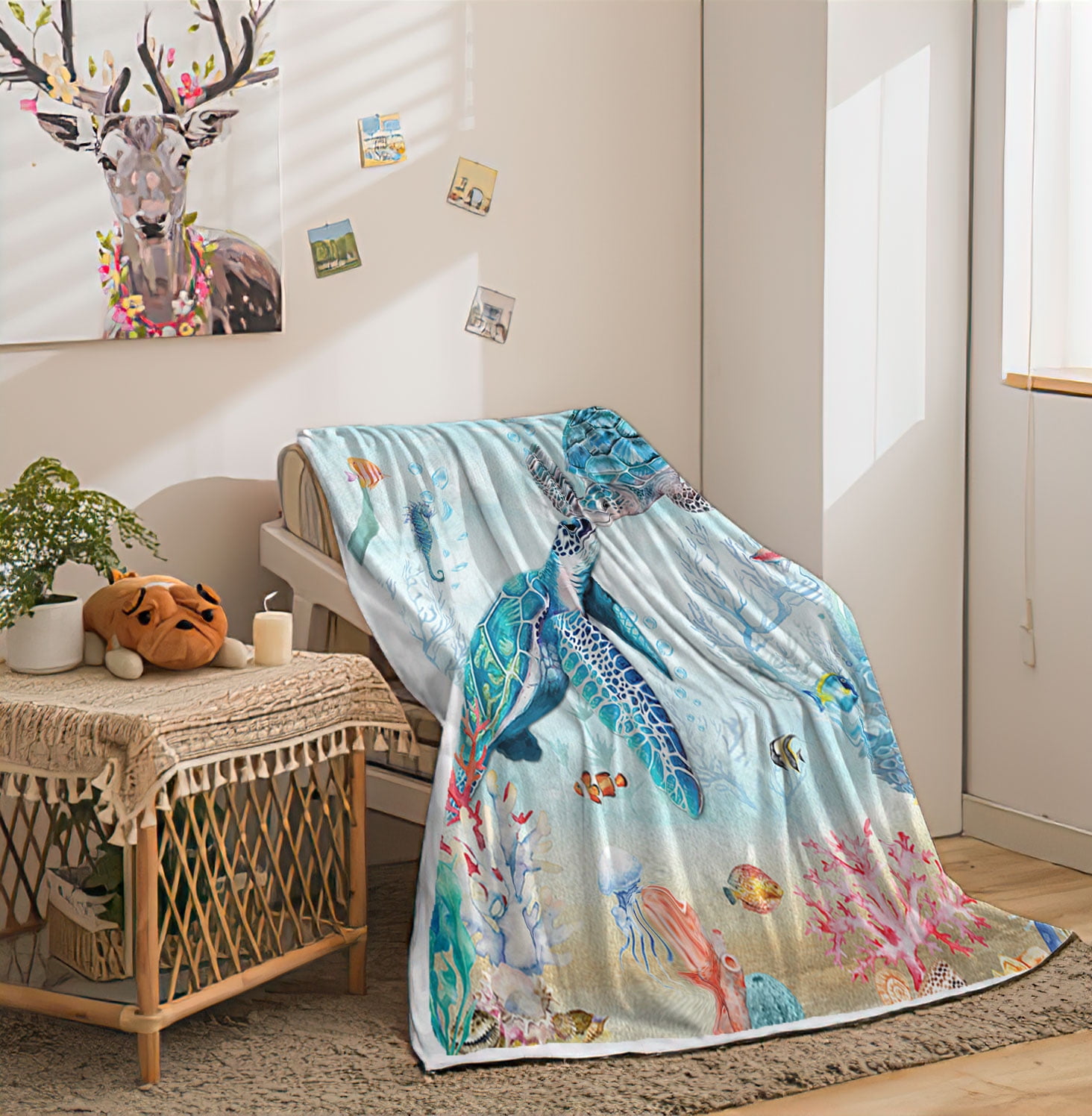 Sea Turtle Throw Blanket, Underwater Blue Ocean Animal Turtle Starfish ...