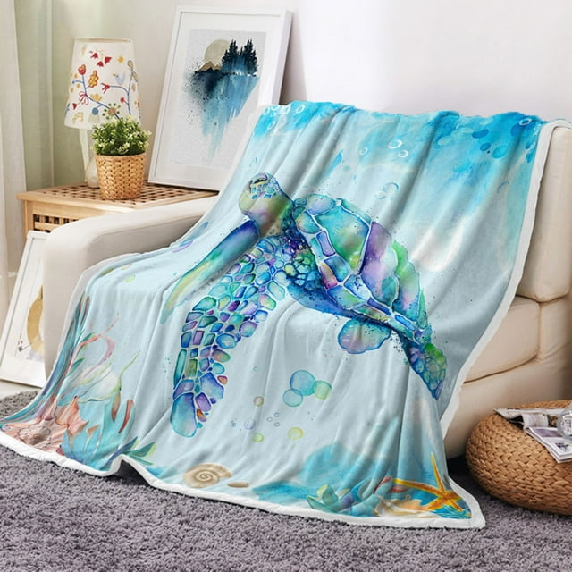 Sea Turtle Throw Blanket, Underwater Seaweed Seashell Throw Blanket ...