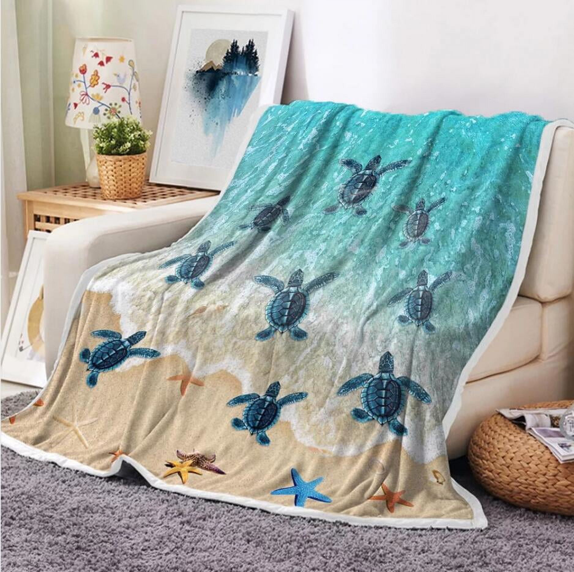Sea Turtle Throw Blanket, Underwater Seaweed Seashell Throw Blanket ...