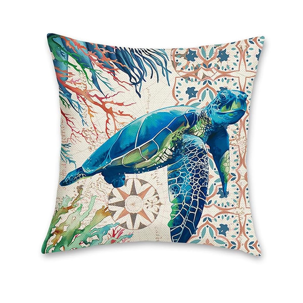 Sea Turtle Throw Pillow Covers 18 x 18 Inch Coastal Ocean Seahorse ...