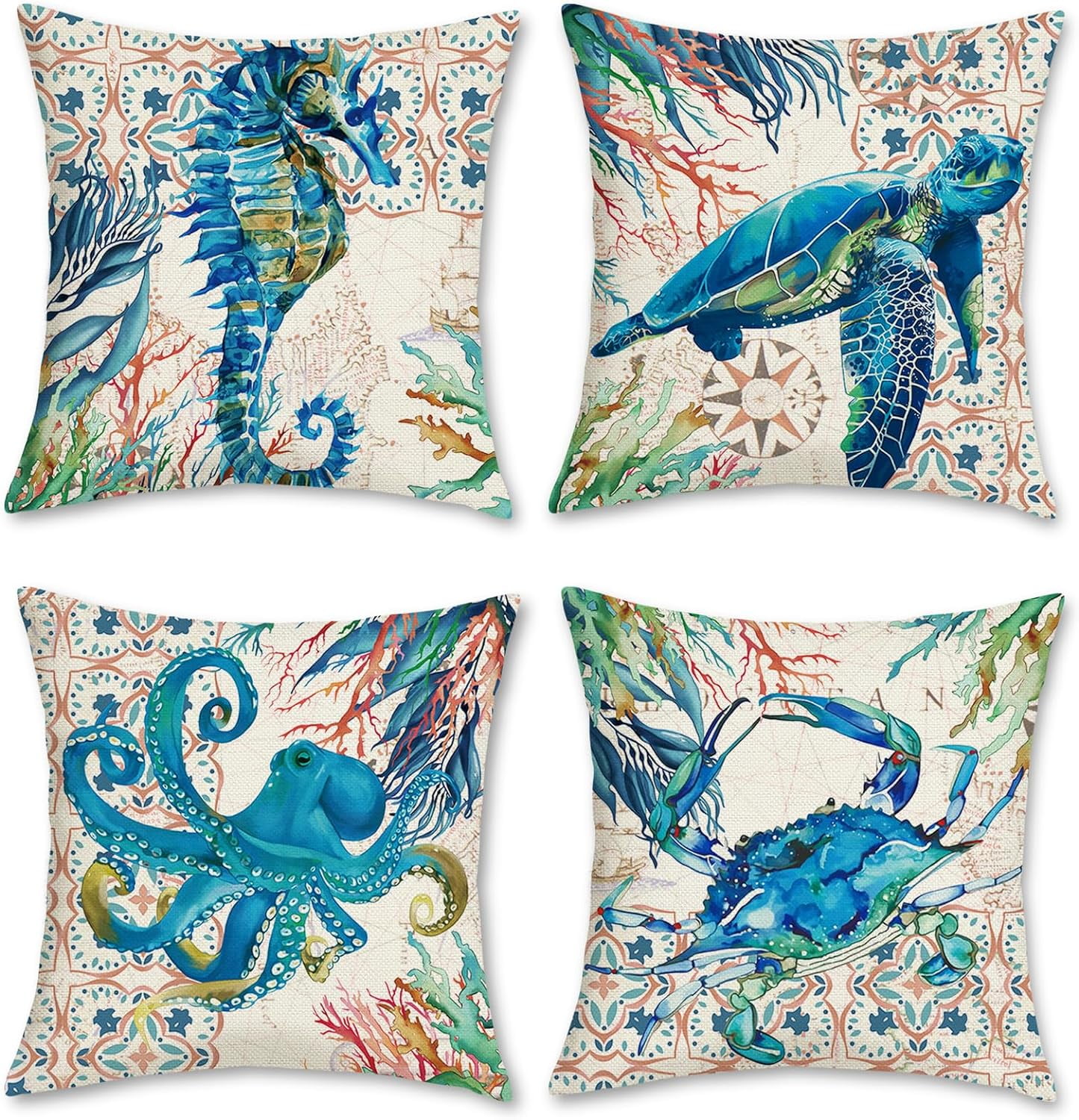 Sea Turtle Throw Pillow Covers 18 x 18 Inch Set of 4 Coastal Ocean ...
