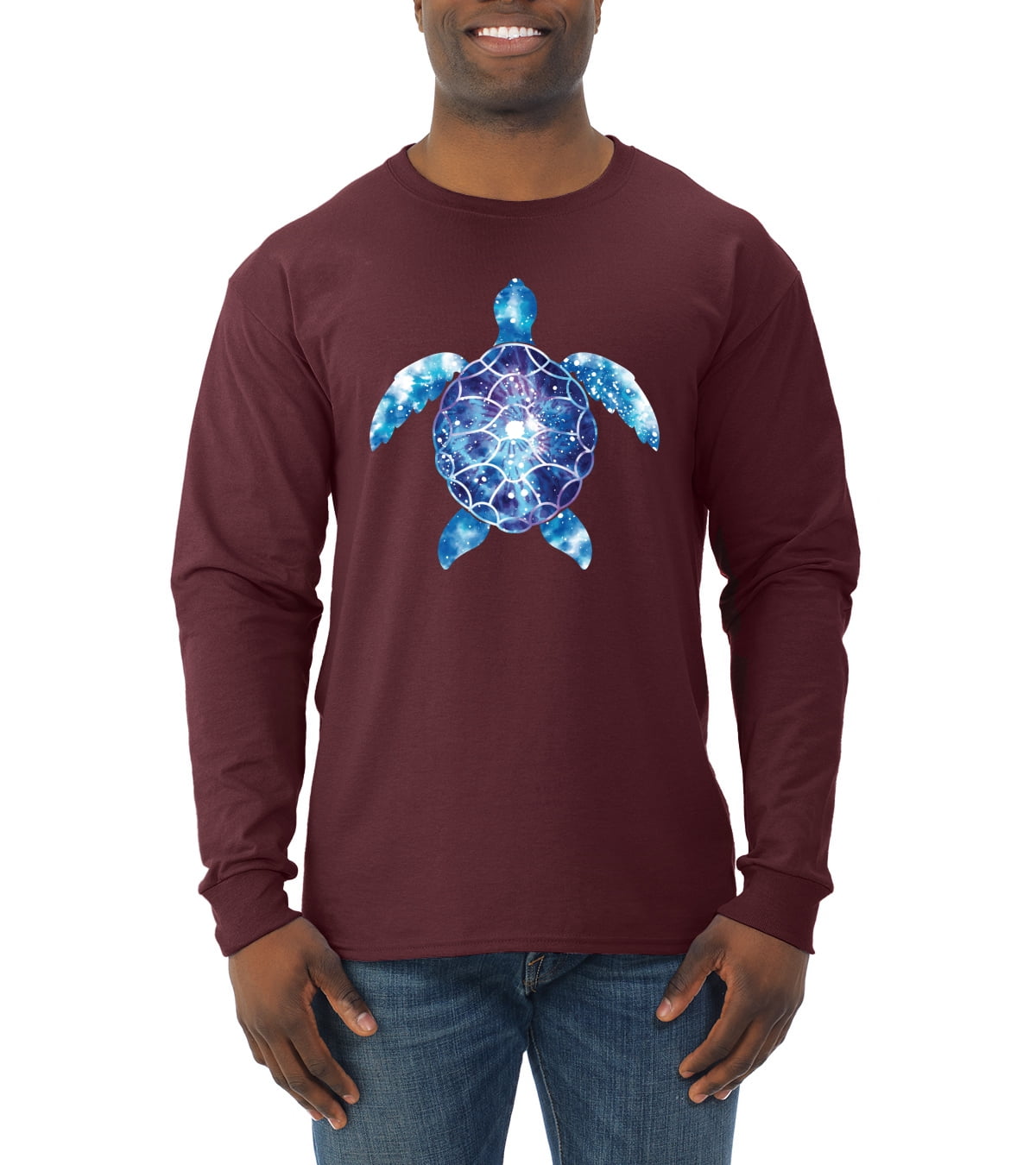 Sea Turtle Tie Dye Art Animal Lover Mens Long Sleeve Shirt, Maroon ...