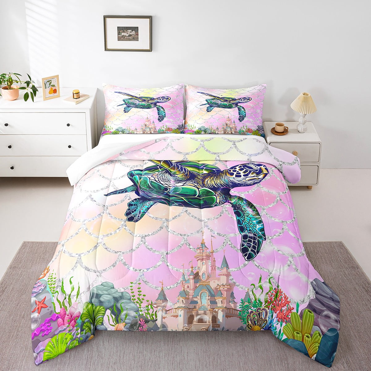 Sea Turtle Toddler Bedding Set,Pink Mermaid Tail Scale Comforter Set ...