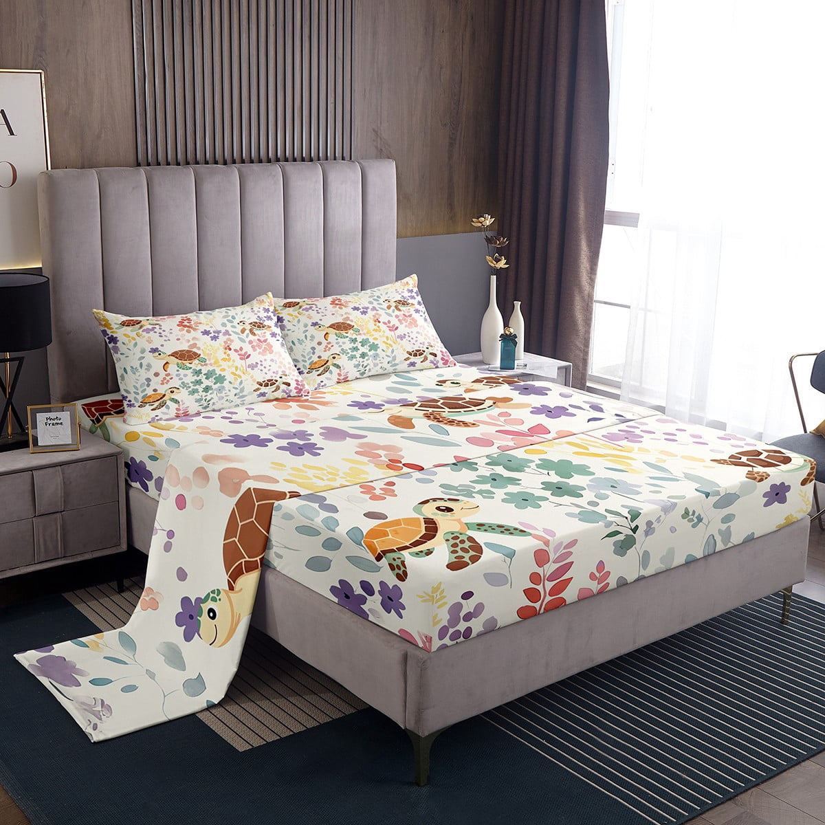 Sea Turtle Twin Bed Sheets Set,Colorful Flower Turtle Bedding Set for ...