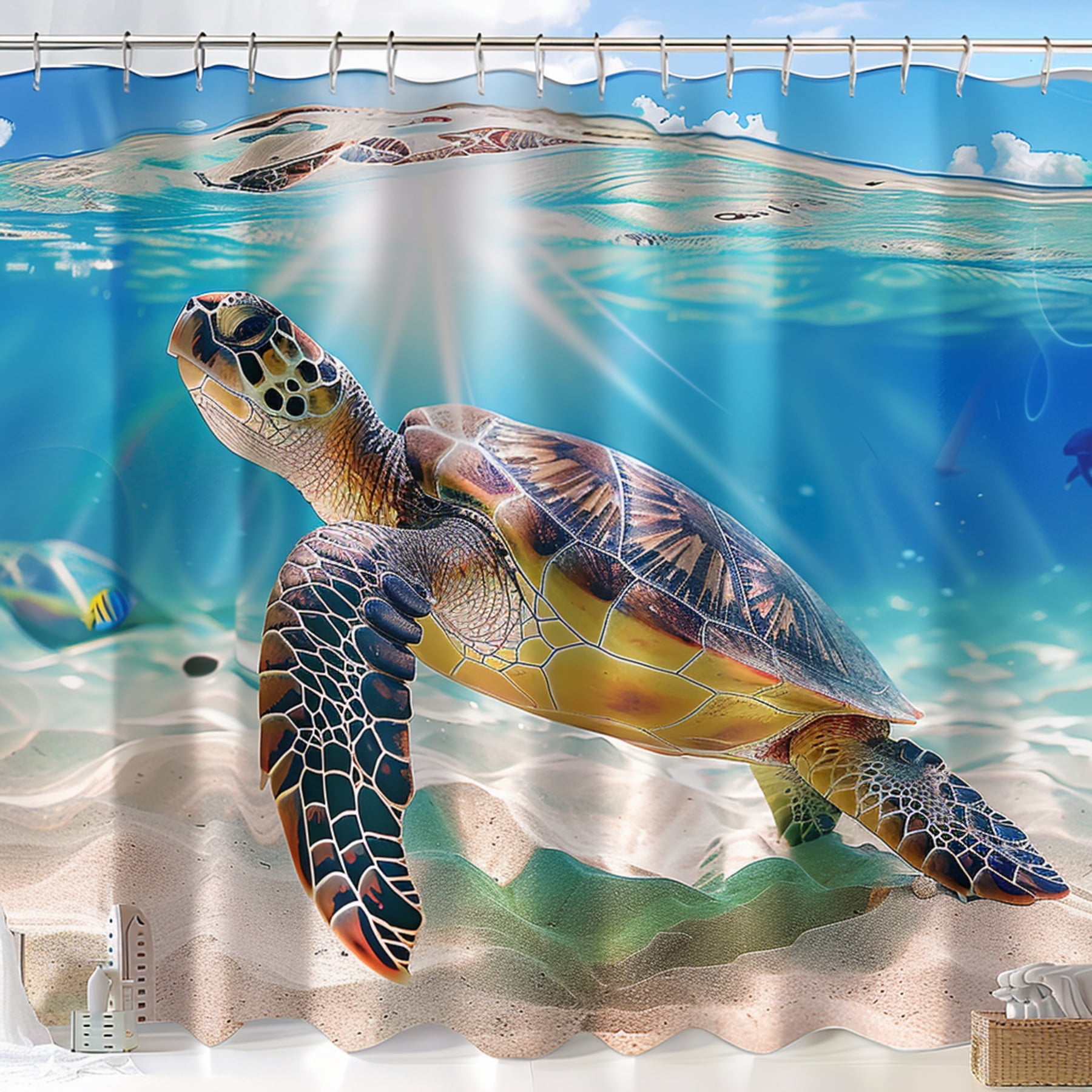 Sea Turtle Underwater Scene Beach Bathroom Shower Curtain Effect ...