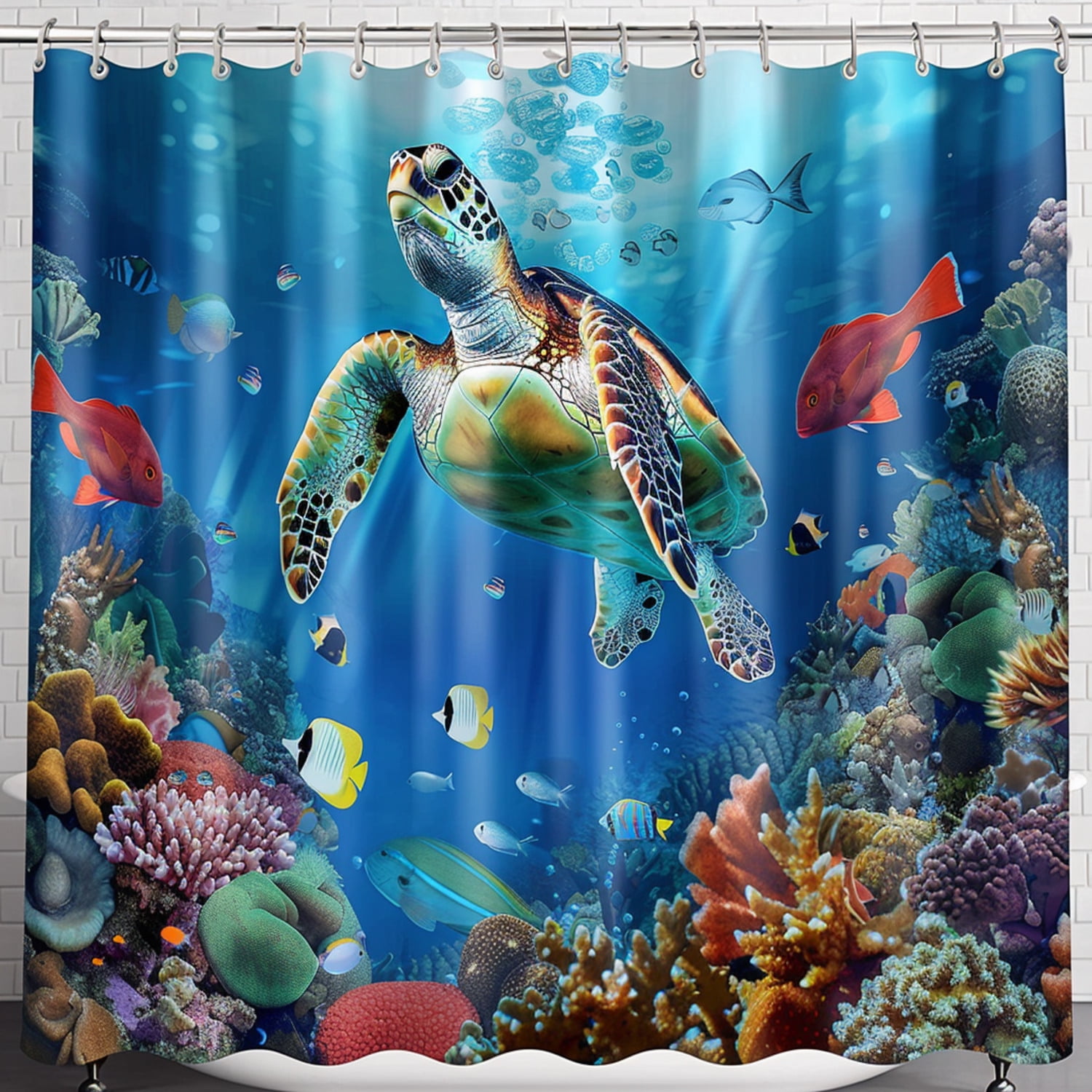 Sea Turtle Underwater Scene Fabric Shower Curtain With Coral Reefs And