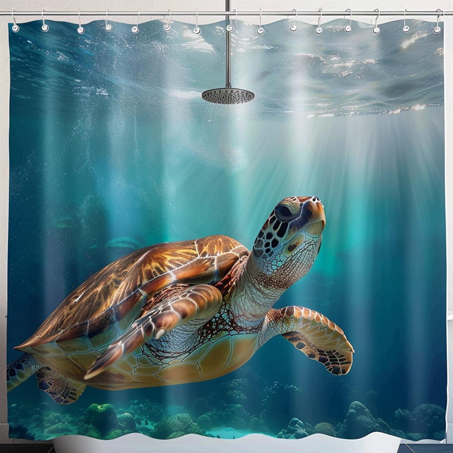 Sea Turtle Underwater Scene Shower Curtain Set Deep Turquoise Waters
