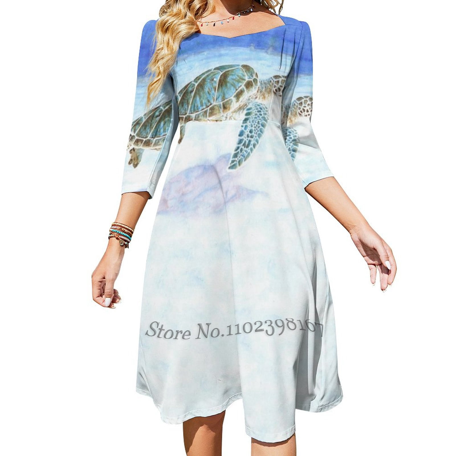 Sea Turtle Underwater Sweet Elegant Dress Women Korean Kawaii Square ...