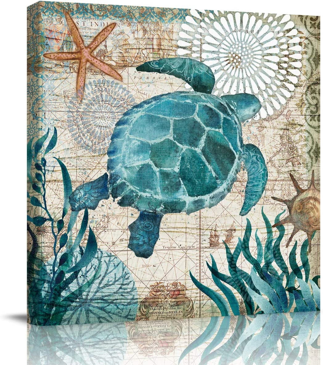 Sea Turtle Underwater World Animal Pattern Square Wall Art on Canvas ...