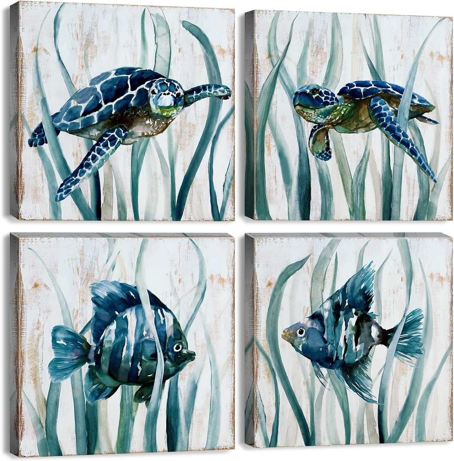 Sea Turtle Wall Art Coastal Bathroom Decor Fish Wall Art Teal Ocean ...