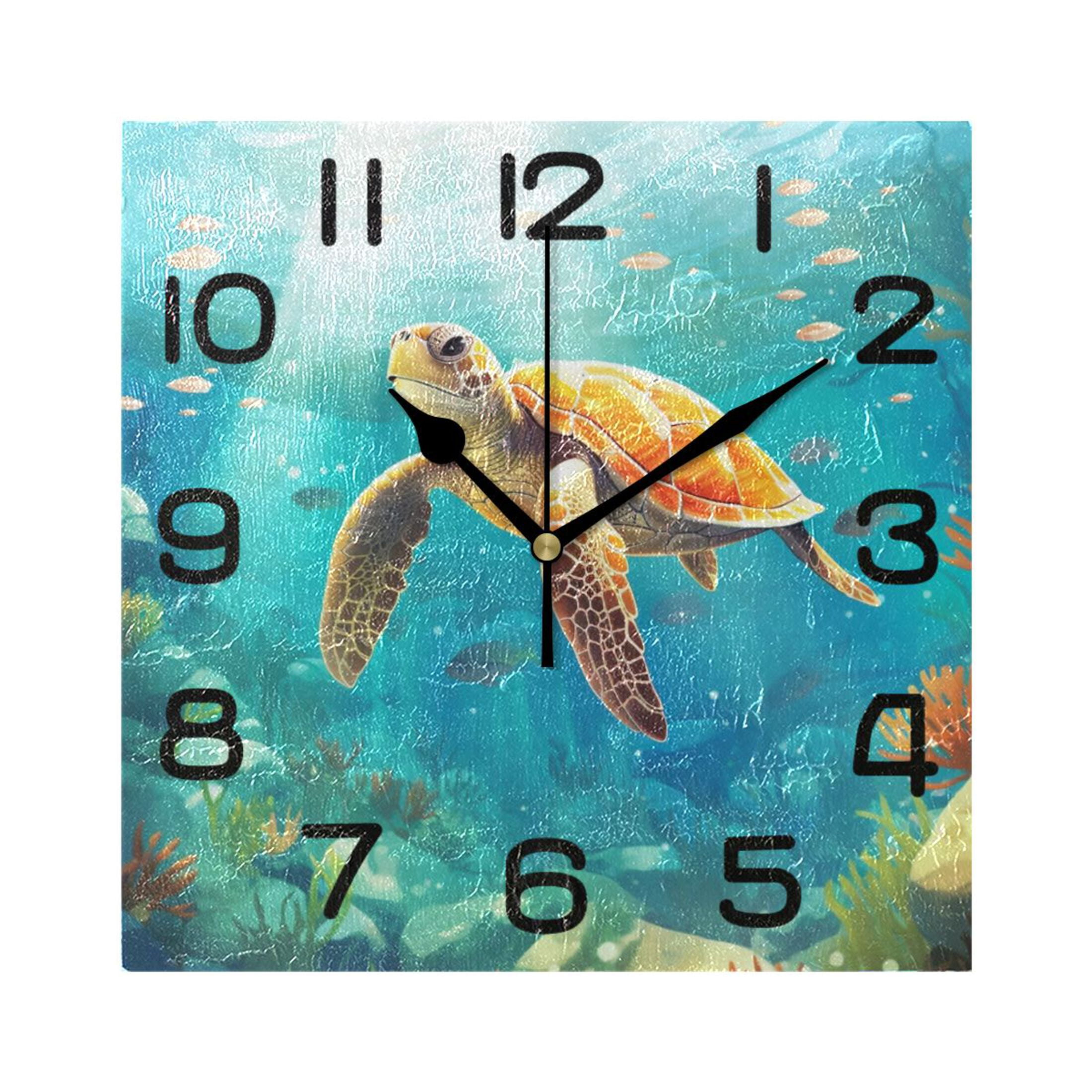 Sea Turtle Wall Clock Square Silent Non-Ticking Battery Operated Retro ...