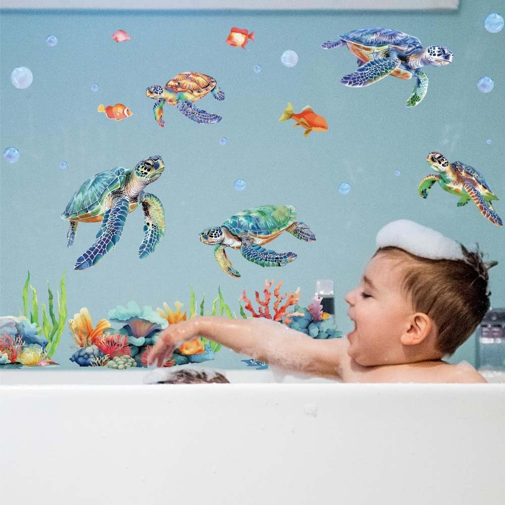 Sea Turtle Wall Stickers Undersea Plant Wall Decals Cute Sea Animals ...