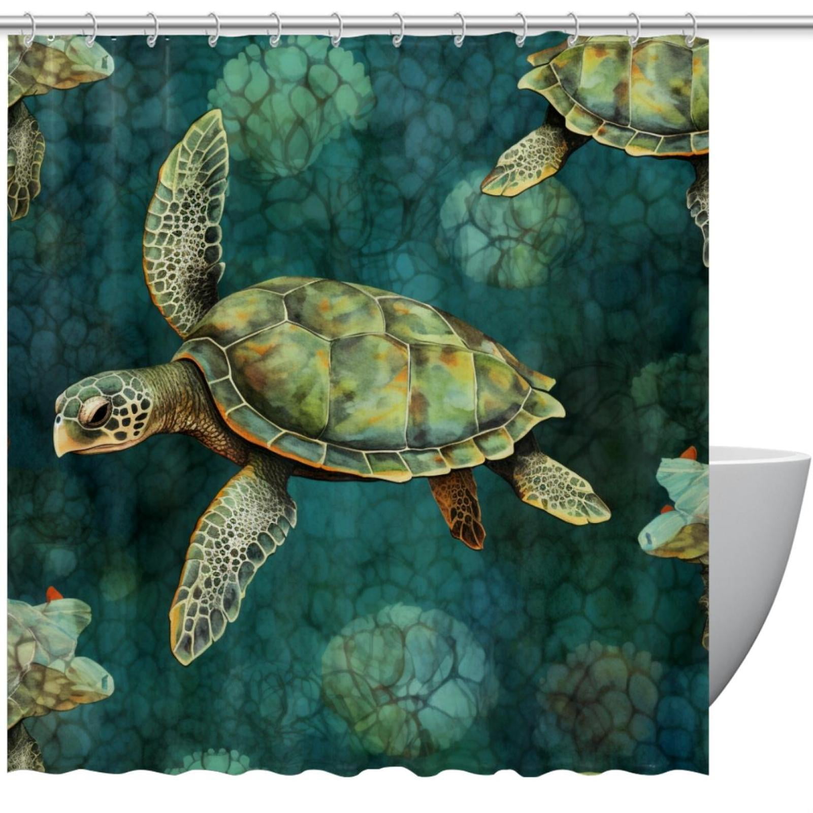 Sea Turtle Waterproof Shower Curtain Set with Hooks - Printed Bathroom ...