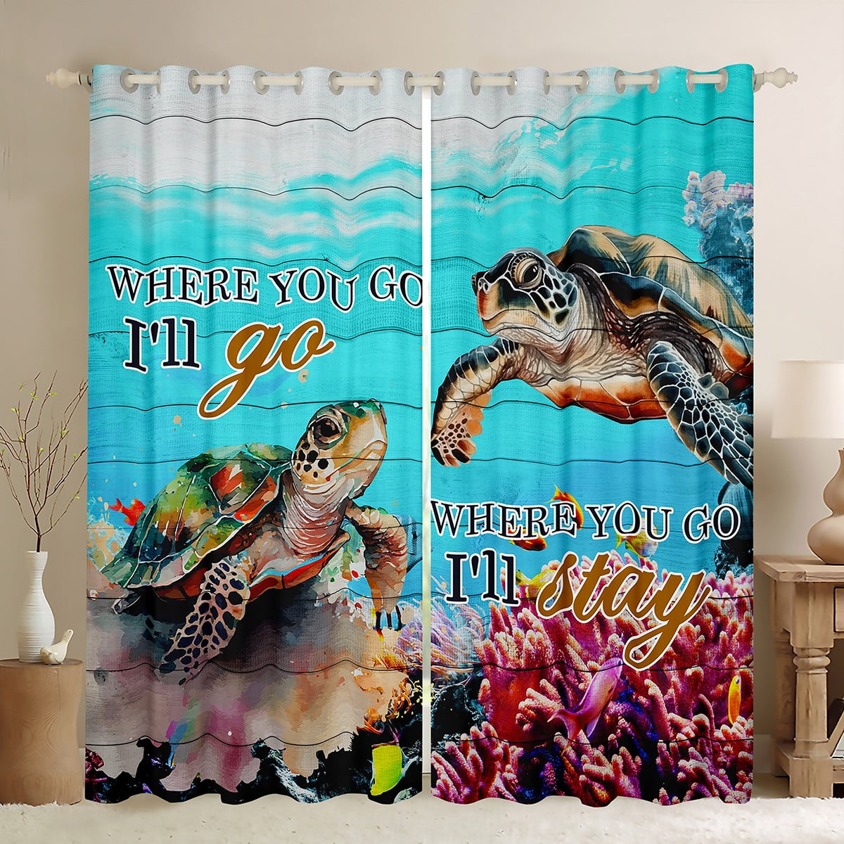 Sea Turtle Window Curtains , Beach Tortoise Curtains 38"Wx45"L Rustic ...