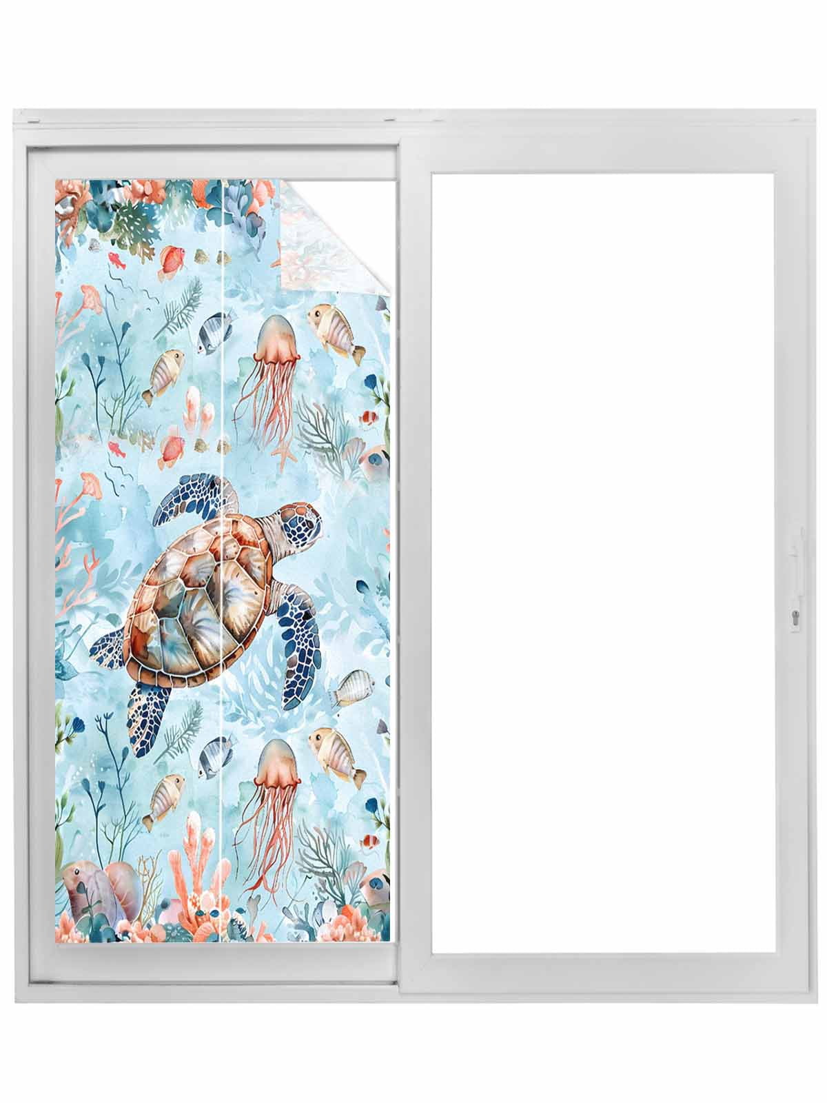 Sea Turtle Window Privacy Film, Summer Beach Coastal Nautical Coral ...