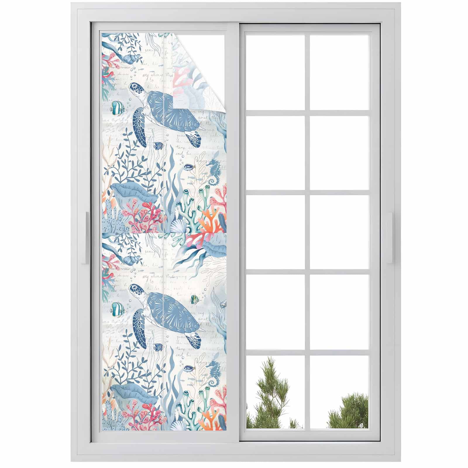 Sea Turtle Window Privacy Film, Watercolor Seaweed Fish Coral Seahorse ...